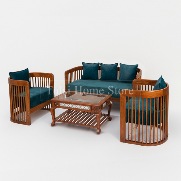 Teak Wood Sofa Set with Teal Upholstery Coimbatore | Tulsi